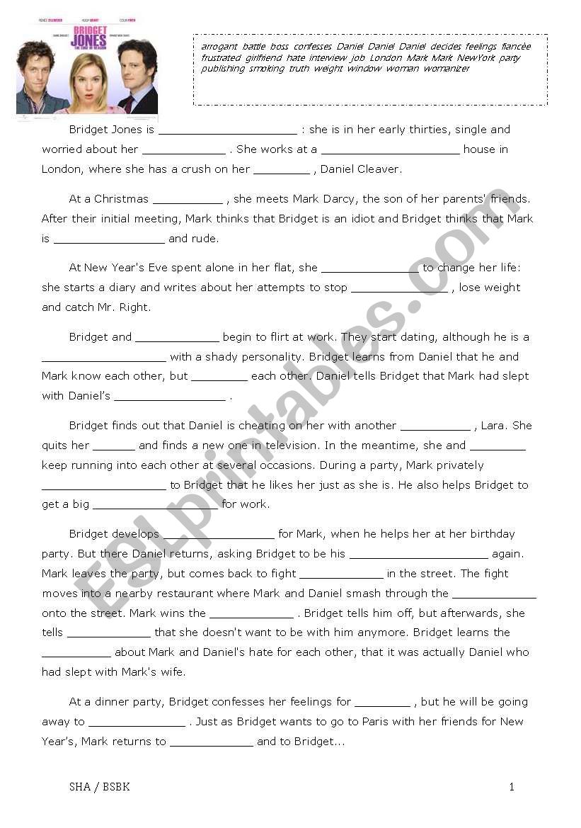 Bridget Jones´ Diary - gap text with solution - ESL worksheet by sushitzka