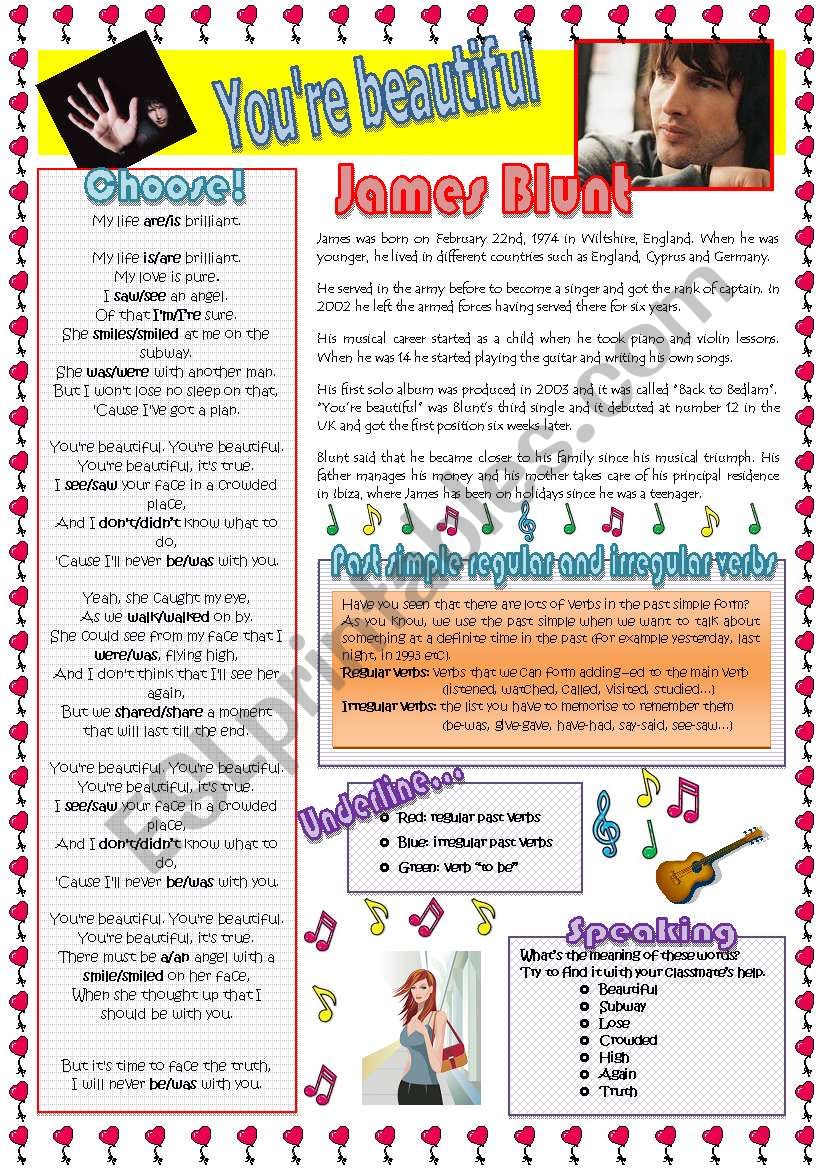 You´re Beautiful -James Blunt- - ESL worksheet by Pinhky