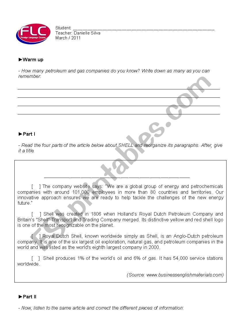 Class about the Oil Company Shell (Student´s Copy) - ESL worksheet by ...