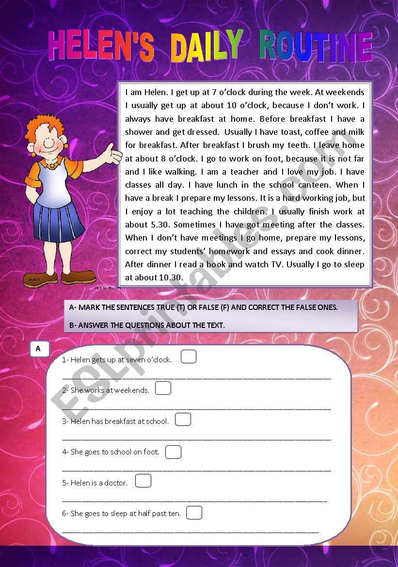 HELEN´S DAILY ROUTINE- reading comprehension - ESL worksheet by sandytita