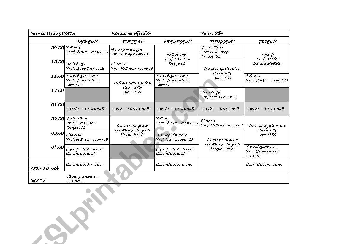 Harry Potter´s timetable-part 3 - ESL worksheet by towanda66