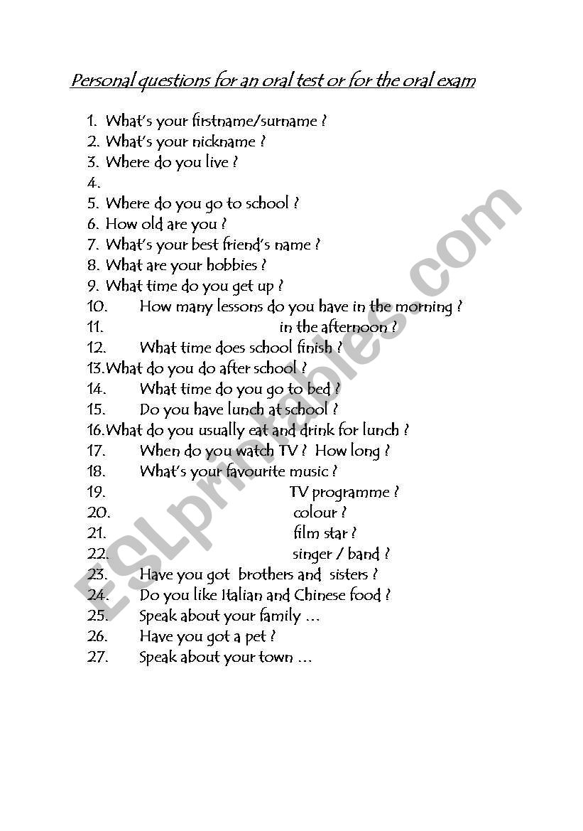English Worksheets Questions For Your Oral Expression
