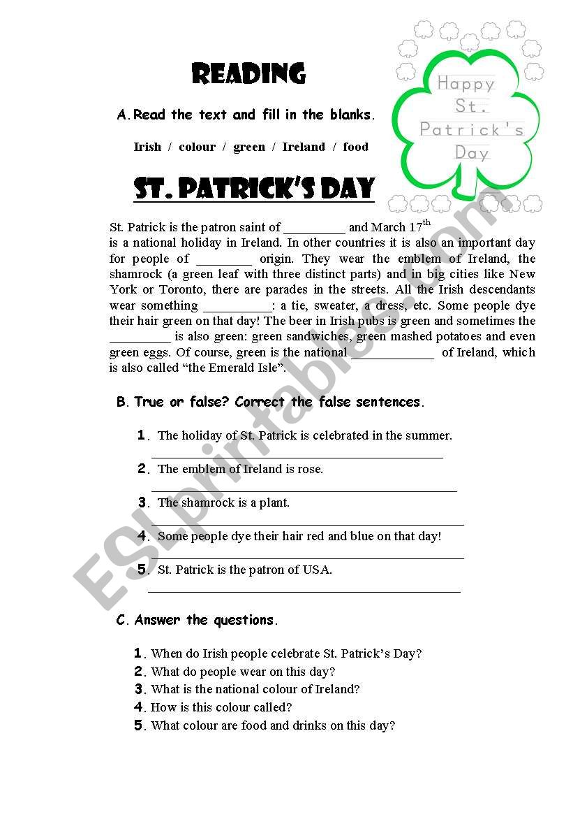 Reading-St Patrick´s Day - ESL worksheet by cruzmarta