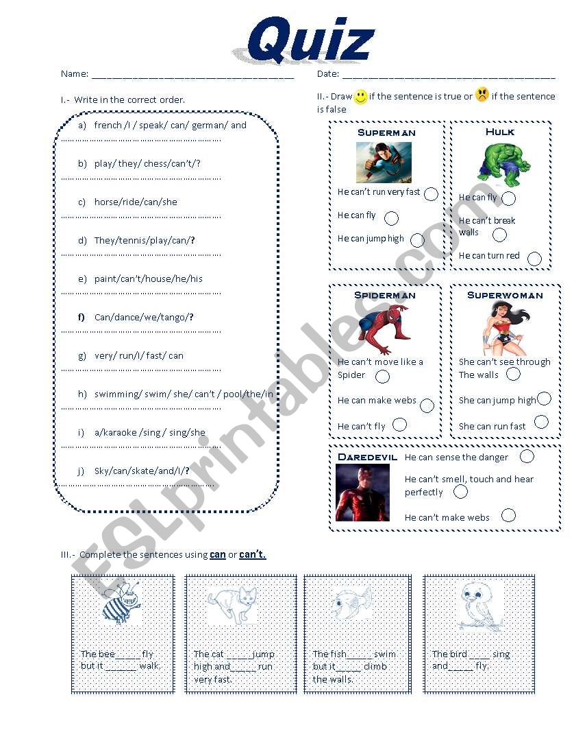 quiz can - can´t - ESL worksheet by paulaelisa