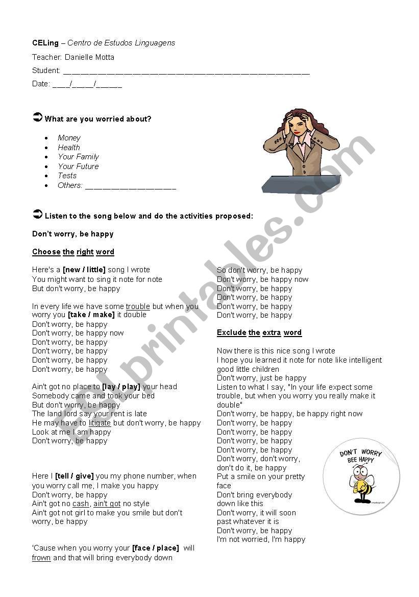 Class about the song Don´t worry, Be happy - ESL worksheet by daniellemotta