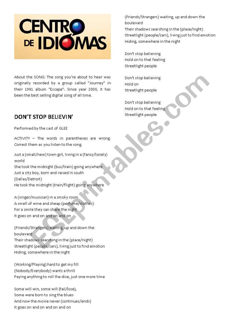 English worksheets: Song Worksheet Don´t Stop Believin´ by Journey or Glee