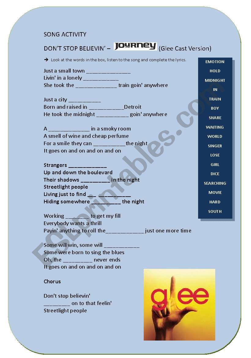 Song activity - Don´t stop Believing - ESL worksheet by guivinha