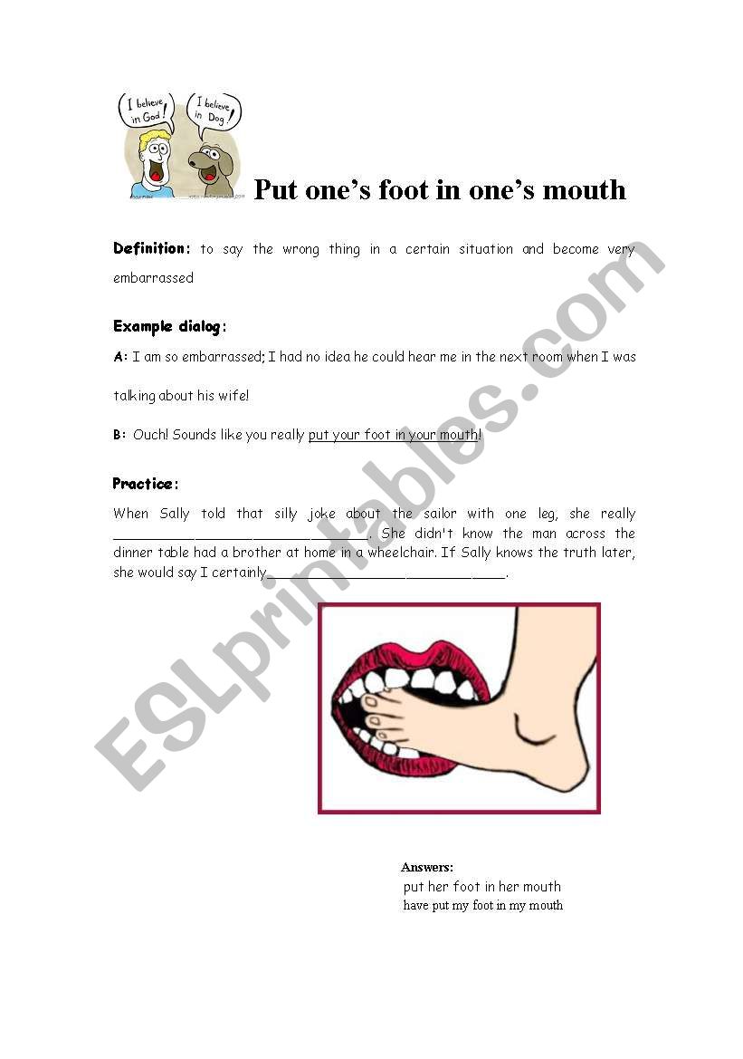 English slang: Put one´s foot in one´s mouth. - ESL worksheet by karida