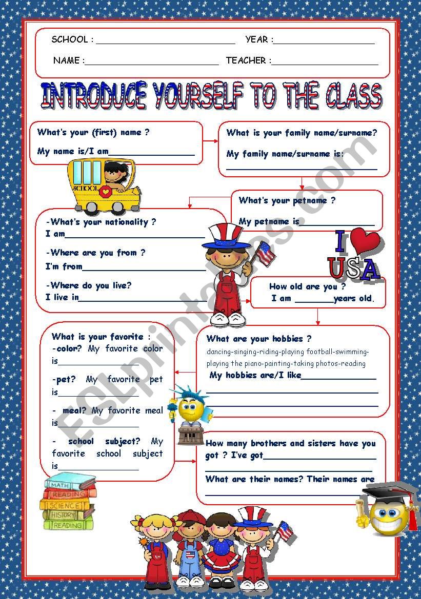 FIRST DAY OF SCHOOL Introduce Yourself To The Class ESL Worksheet By 