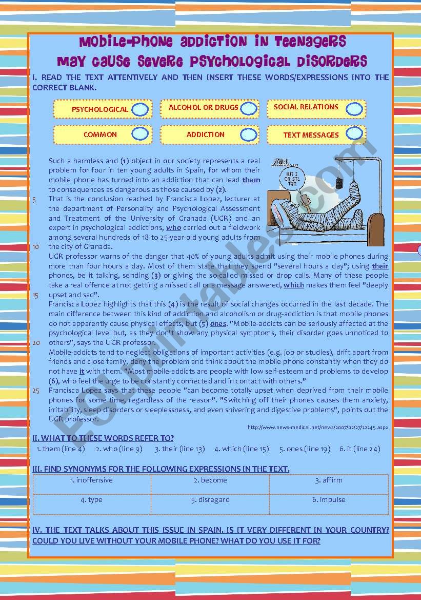 reading & comprehension ´Mobile Phone Addiction´ + debate/essay . KEY ...