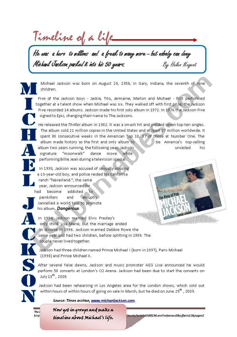 Michael Jackson´s timeline - ESL worksheet by mariela roncal