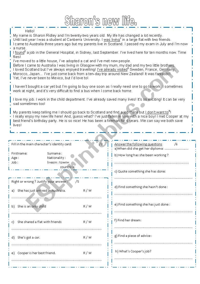 Sharon´s new life : reading activity / present perfect - ESL worksheet ...
