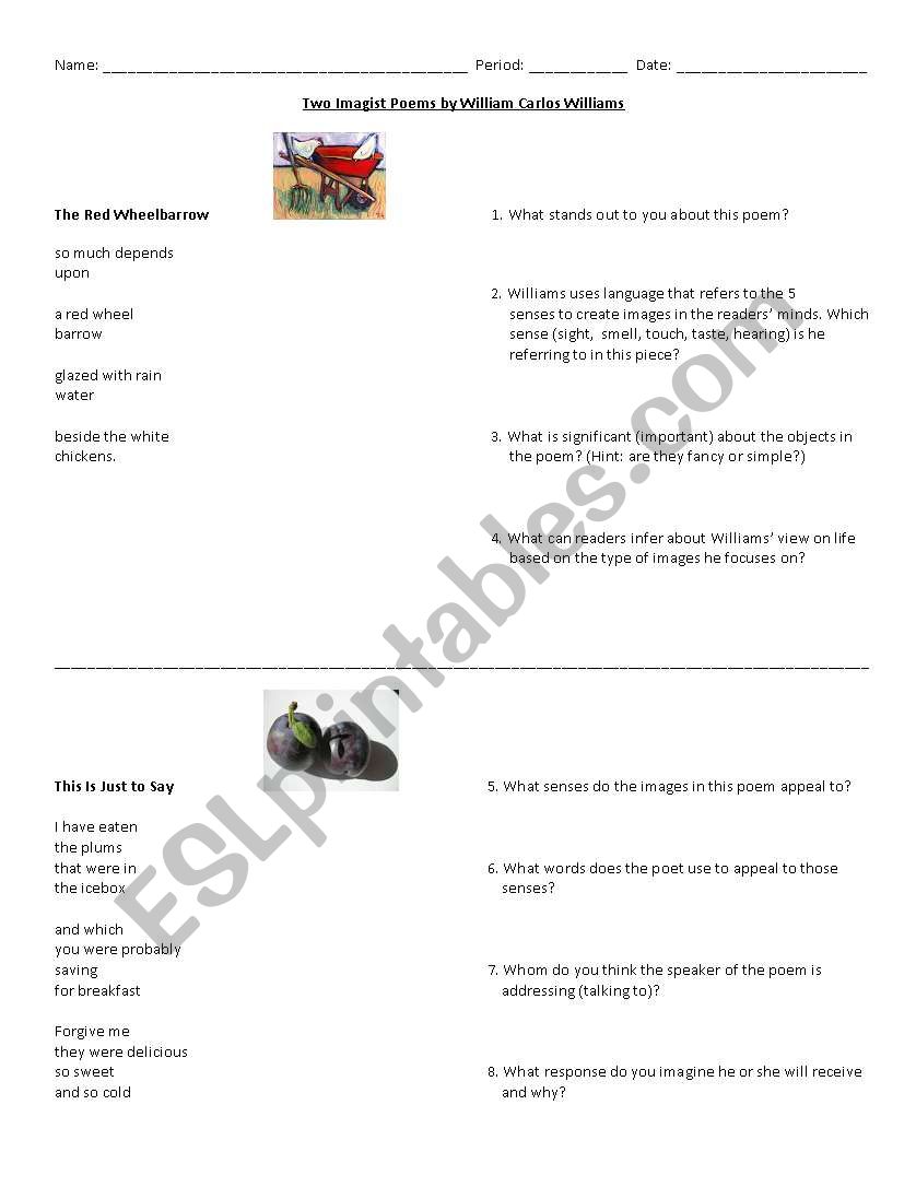 English worksheets: William Carlos Williams´ Imagist Poetry
