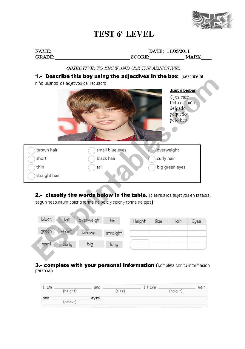 TEST ADJECTIVES 6º - ESL worksheet by pallazo