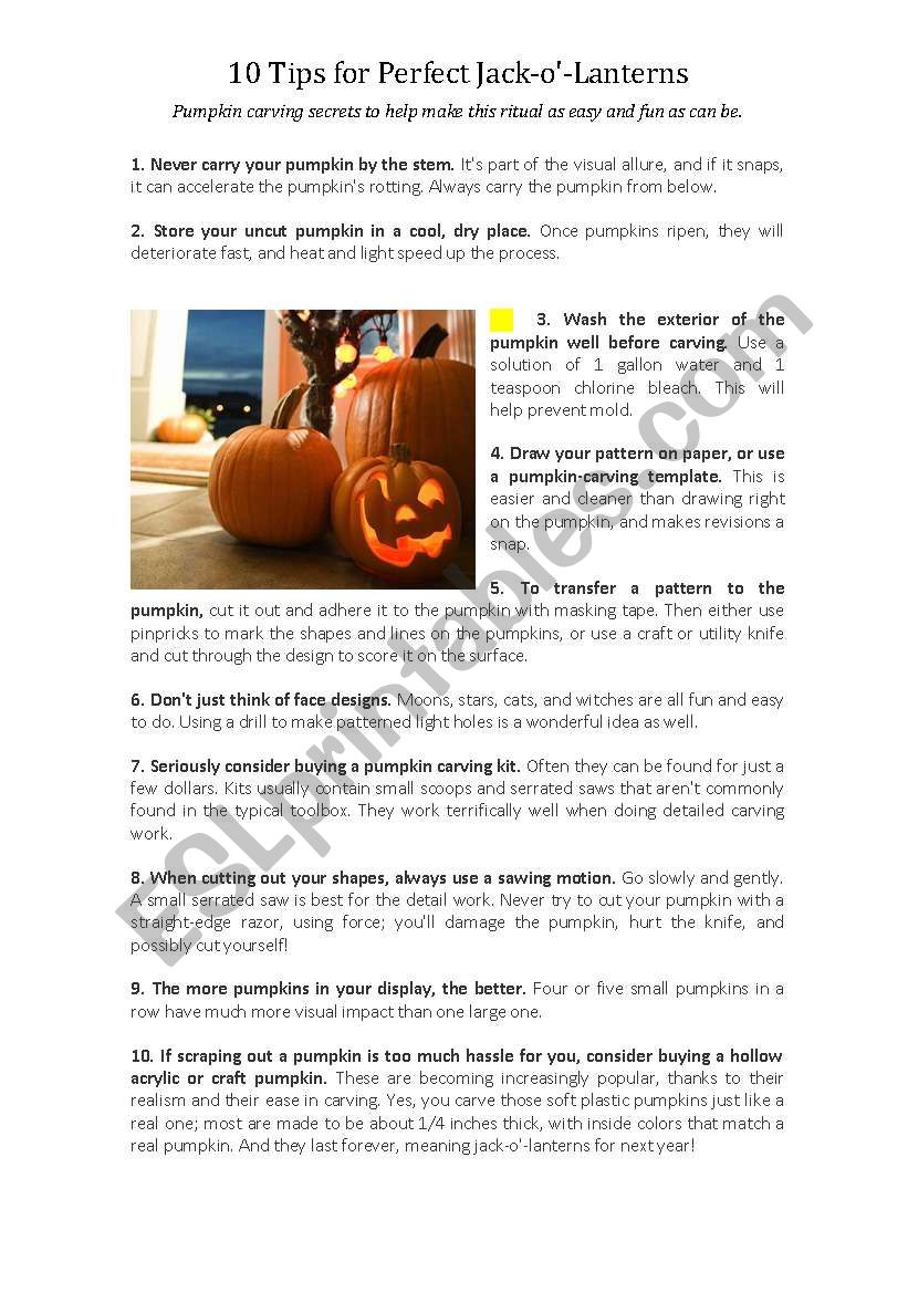 Tips for Perfect Jack-o´-Lanterns - ESL worksheet by davidsomaroo