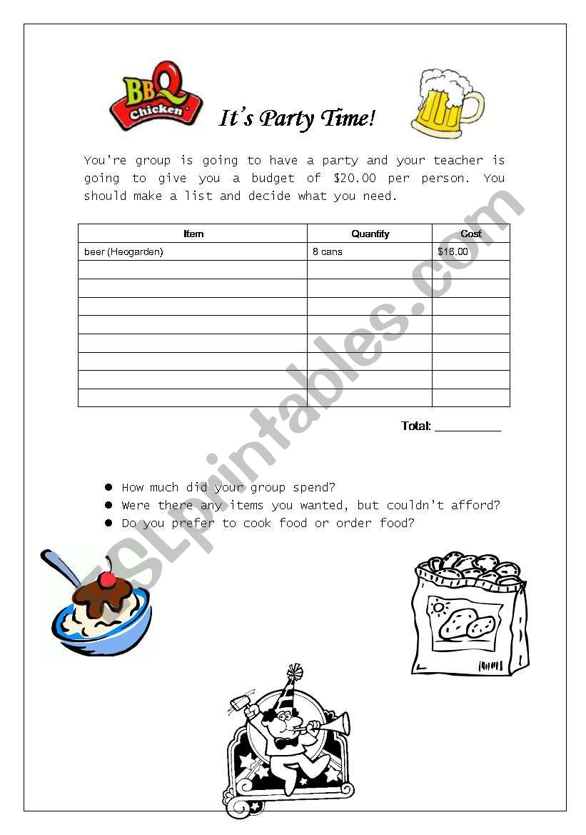English worksheets: It´s Party Time! - Food and money conversation ...