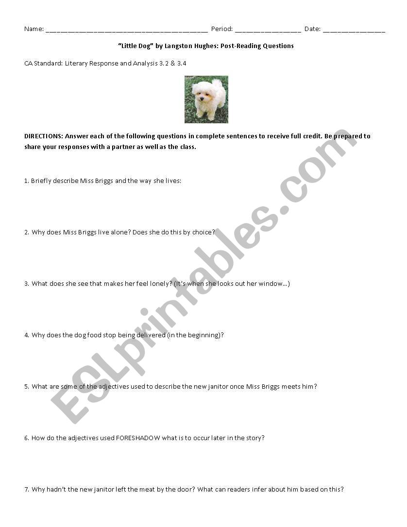 English worksheets: Langston Hughes´ "Little Dog": Post-Reading Questions