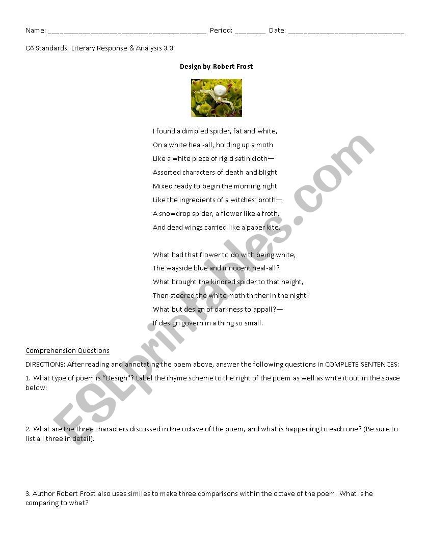 English worksheets: Robert Frost´s "Design": Sonnet Worksheet