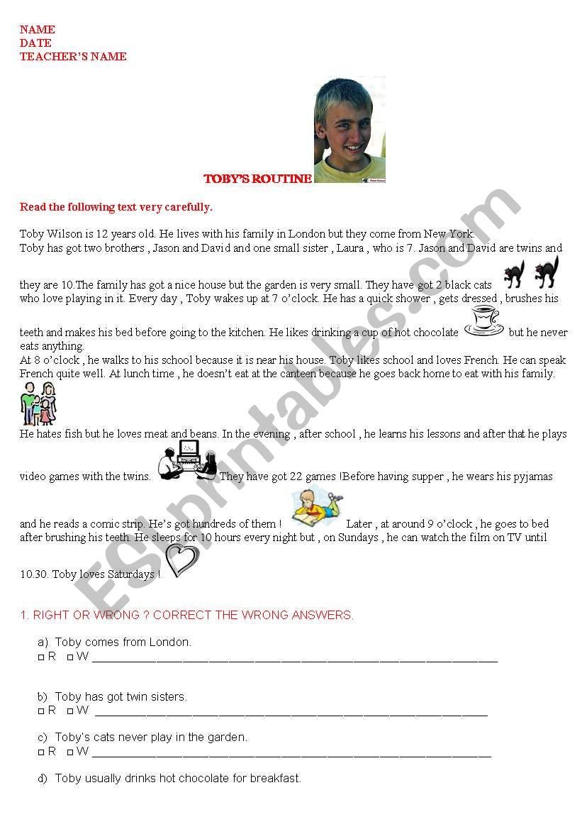TOBY´S ROUTINE - ESL worksheet by storyteller
