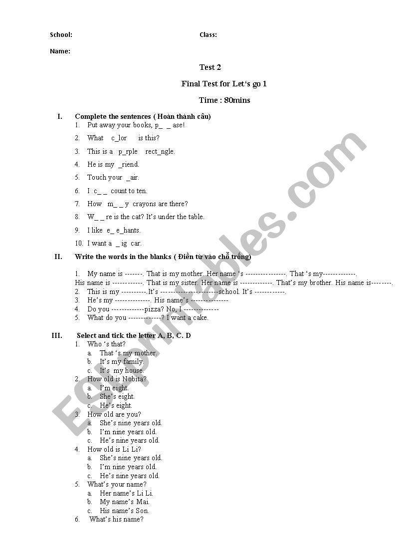 English worksheets: Final test for Let´s Go 1