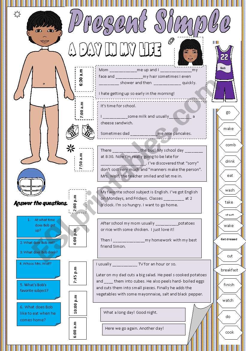 Bob´s Day - present simple - ESL worksheet by orly100
