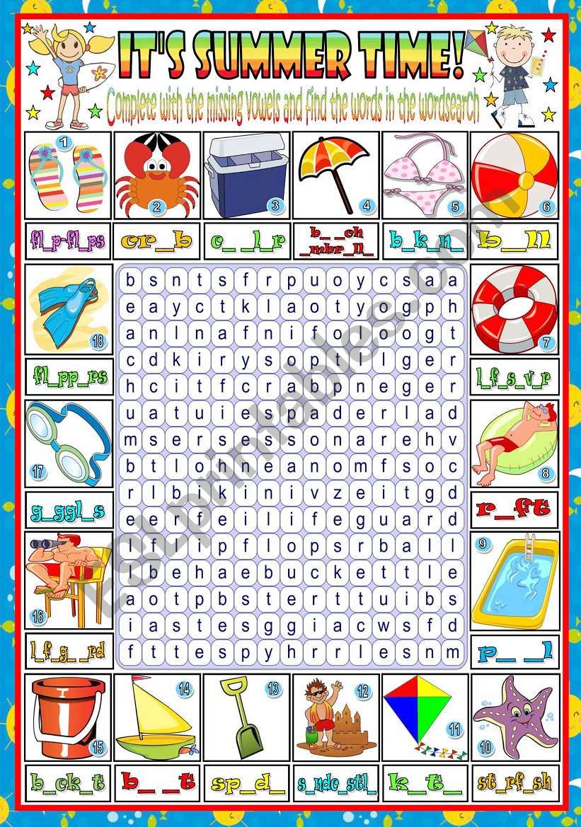 IT´S SUMMER TIME-WORDSEARCH- KEY TO THE WORDS INCLUDED - ESL worksheet ...