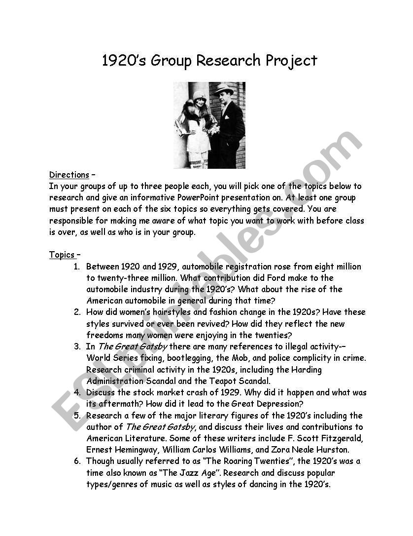 The Roaring 1920Â´s: Group Research Project - ESL worksheet by ldiaconis