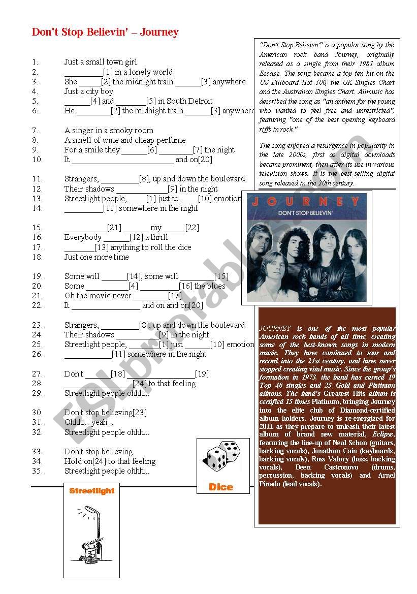 Don´t Stop Believin´ – Journey - ESL worksheet by Andre Stanley