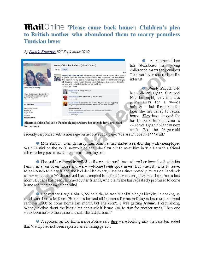 ´Please come back home´ - ESL worksheet by ebrahmi