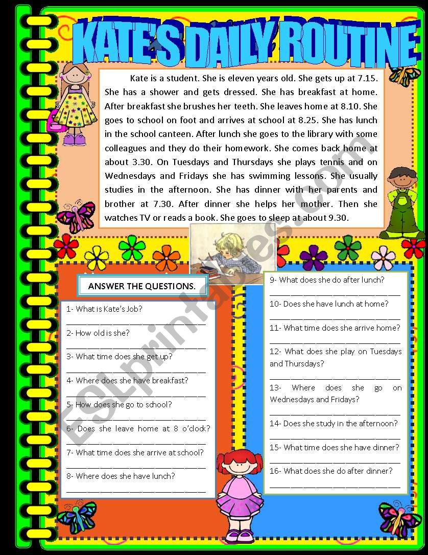 KATE´S DAILY ROUTINE (READING AND COMPREHENSION) - ESL worksheet by ...