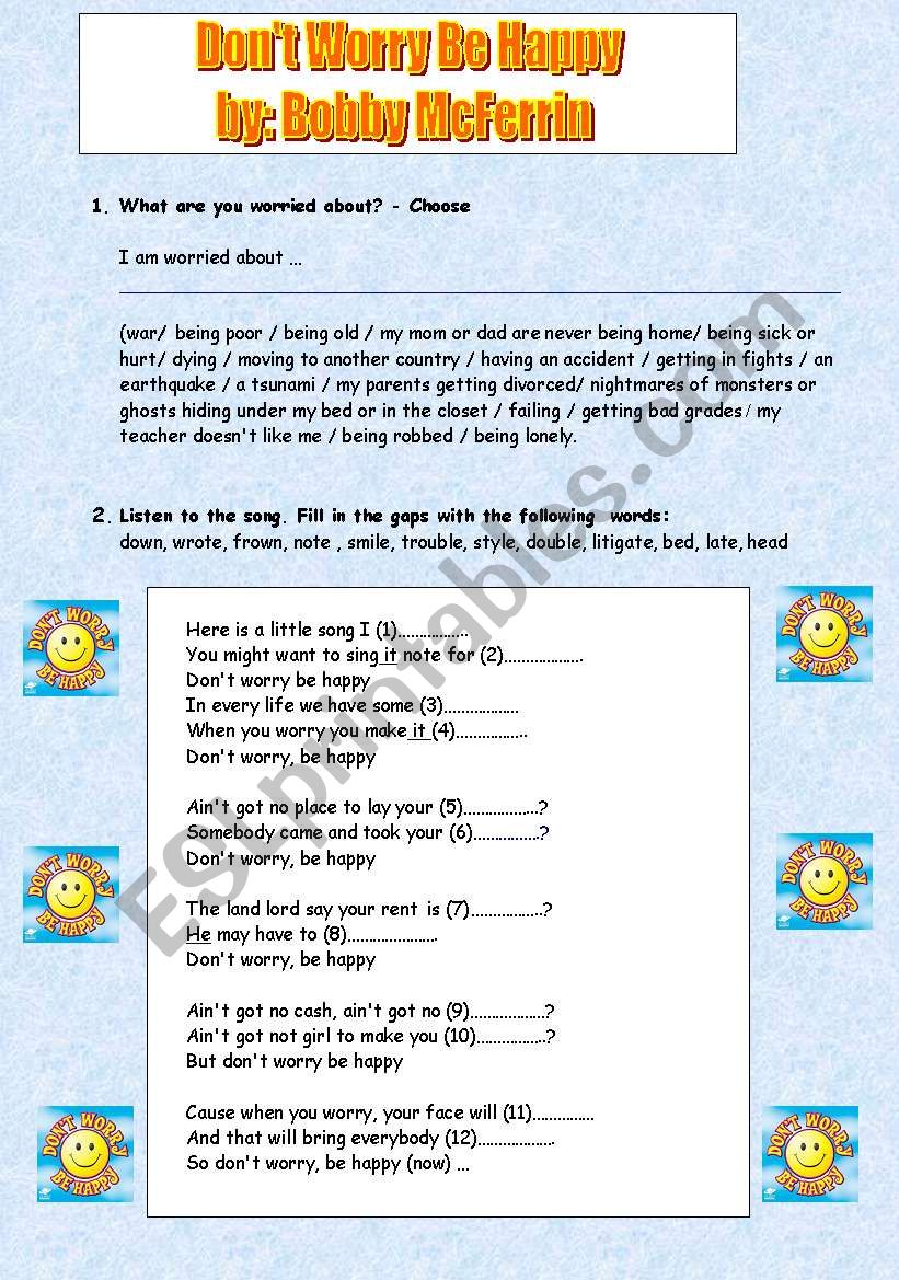 song: Don´t Worry Be Happy + tasks : (reuploaded) - ESL worksheet by liati