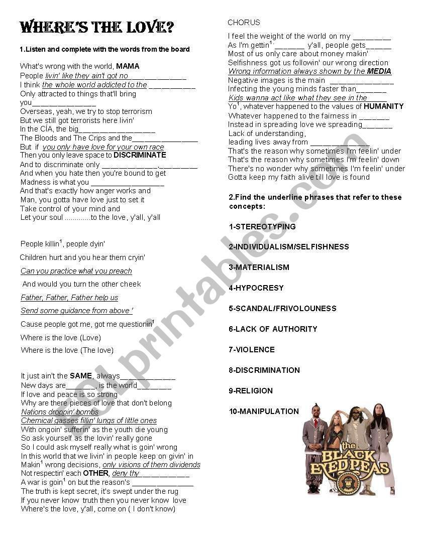 song WHERE´S THE LOVE? Black Eyed peas - ESL worksheet by betgri