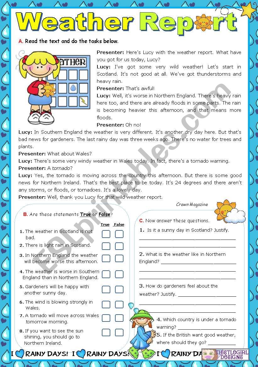 Weather Report Reading Comprehension ESL Worksheet By Mena22