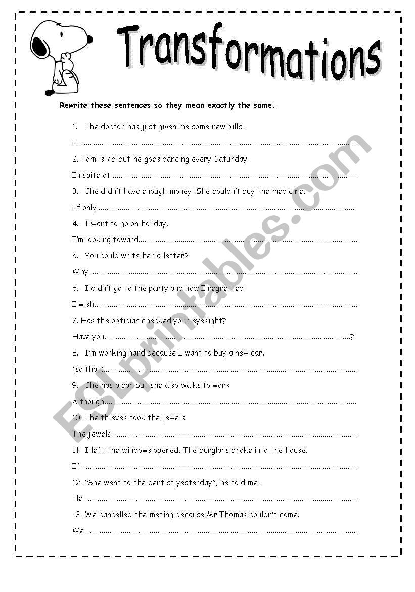 Transformations ESL Worksheet By Al2018