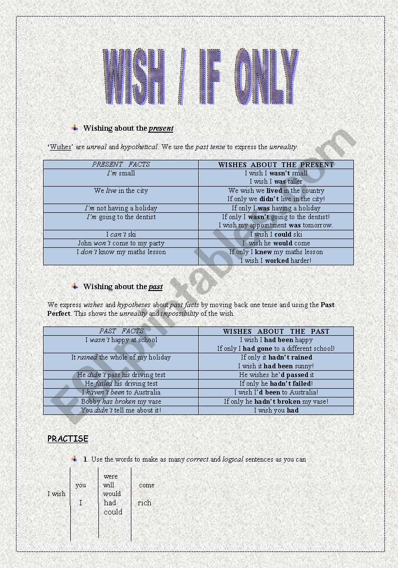 ´Wish / If only´ = lesson, exercises and answer key on 4 pages. - ESL ...