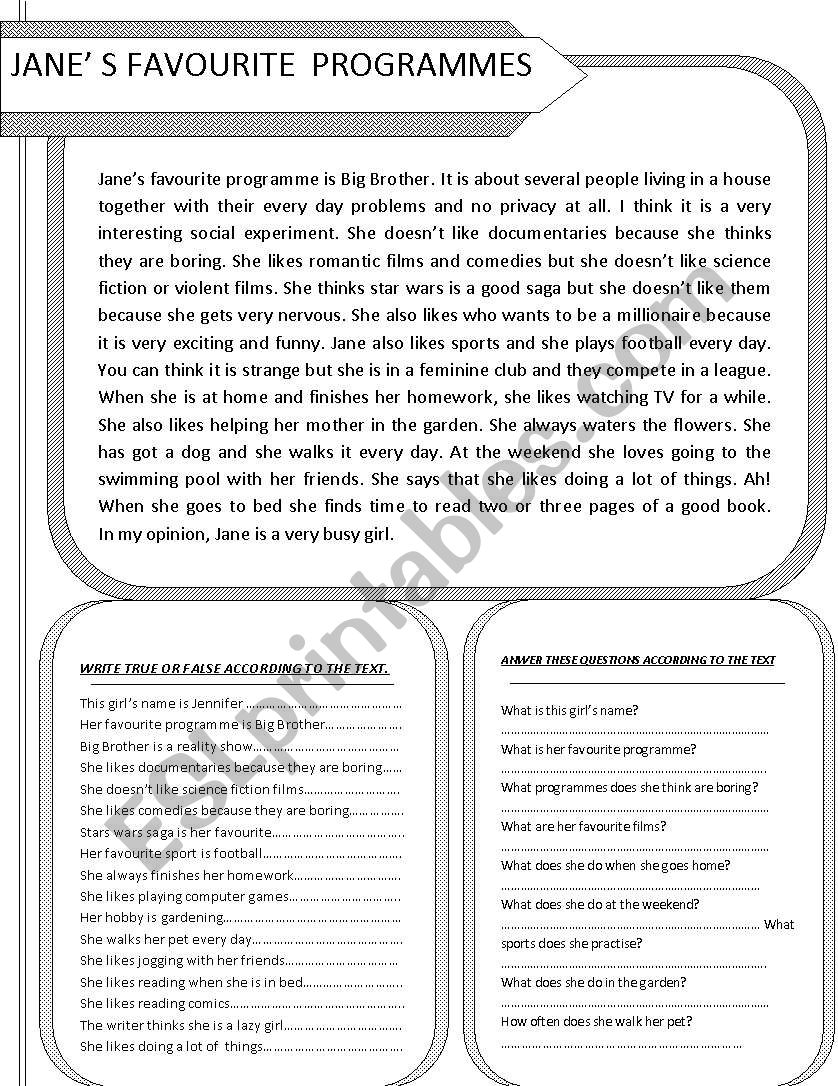 reading comprehension. Jane´s favourite programmes. - ESL worksheet by ...