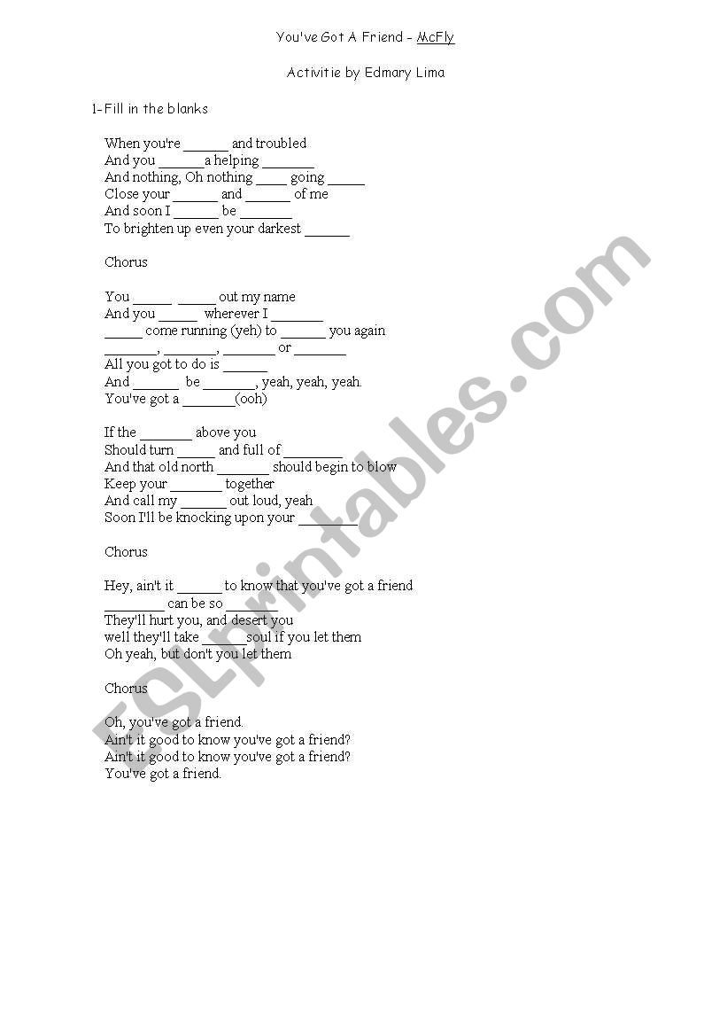Song - You´ve got a friend - ESL worksheet by edmarylima
