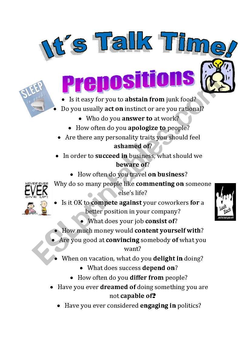 It´s Talk Time - Prepositions - ESL worksheet by ivanenglish