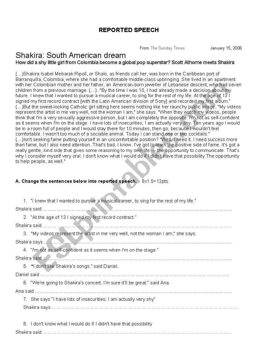 reported speech- shakira interview - ESL worksheet by manelita