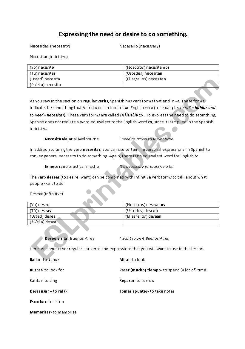 English worksheets: Los verbos ´necesitar´ y ´desear´