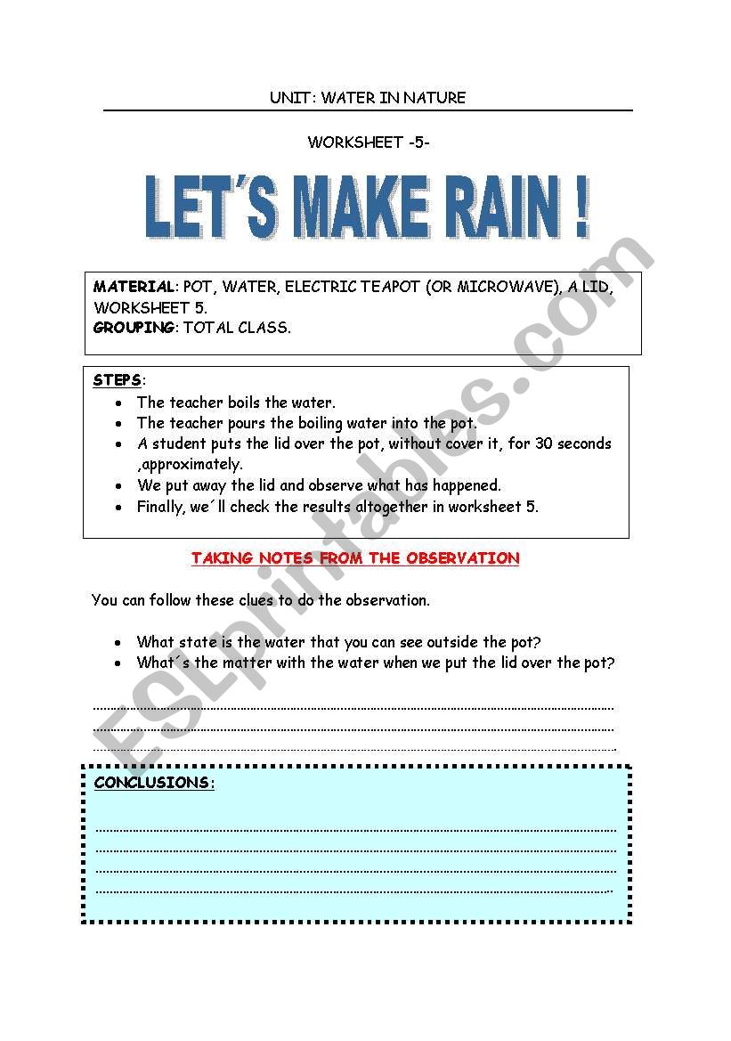 English worksheets: Let´s make rain