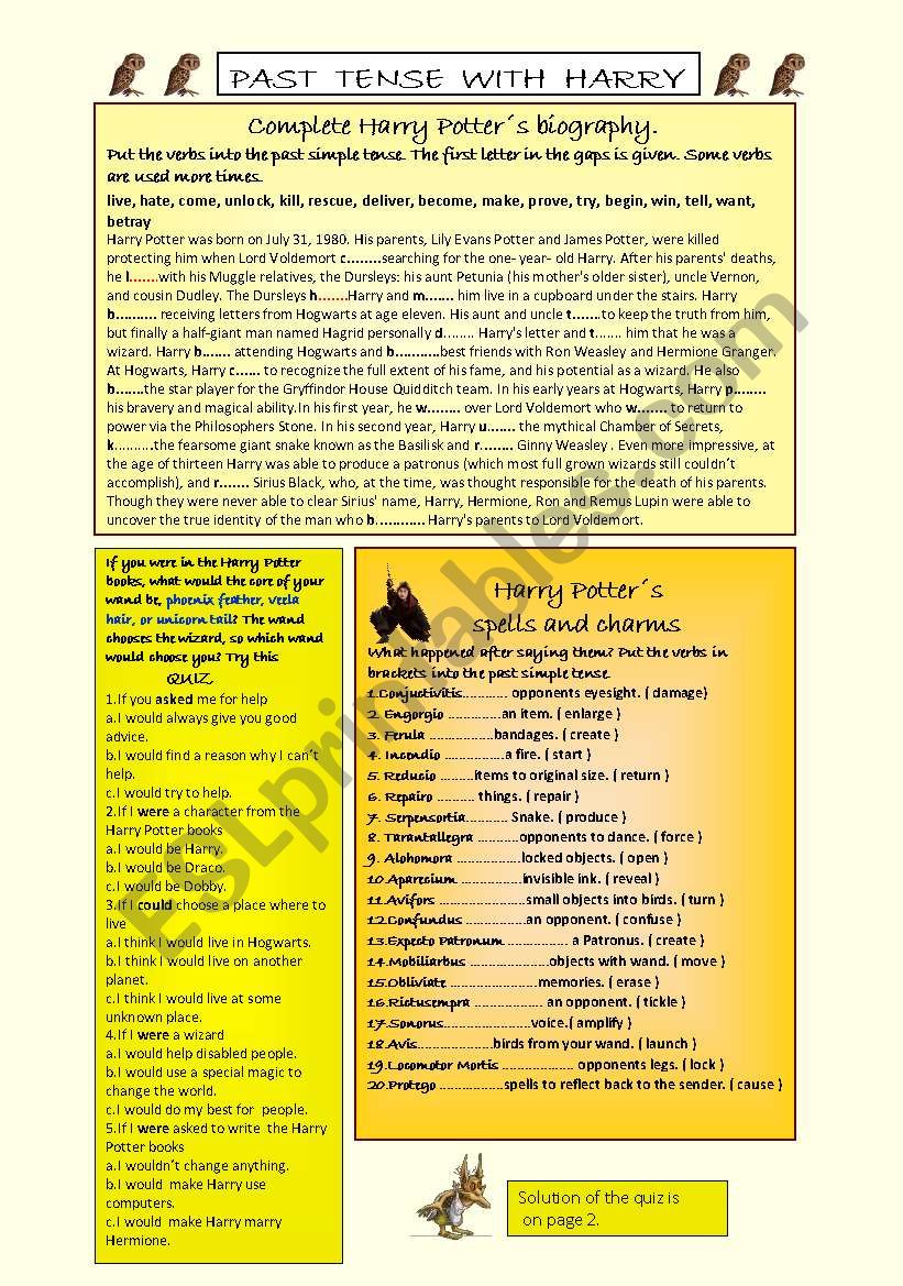 Simple past tense in Harry Potter´s biography, spells and quiz - ESL ...
