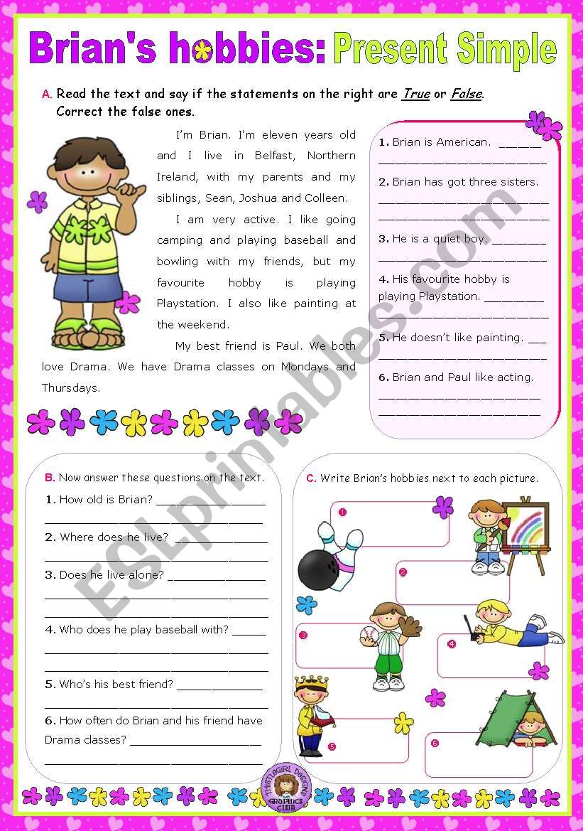 Brian´s Hobbies - Reading + Writing - ESL worksheet by mena22