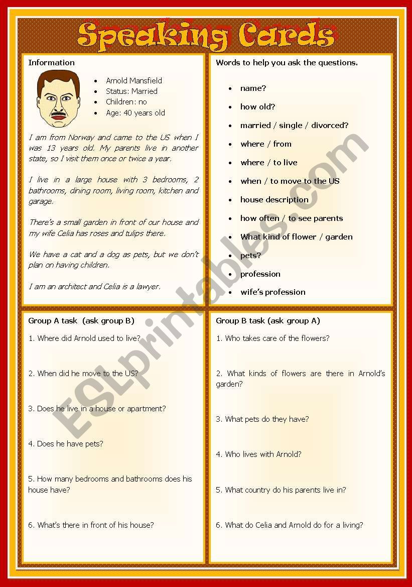 Speaking cards – to have • to be • there be • jobs • house ...