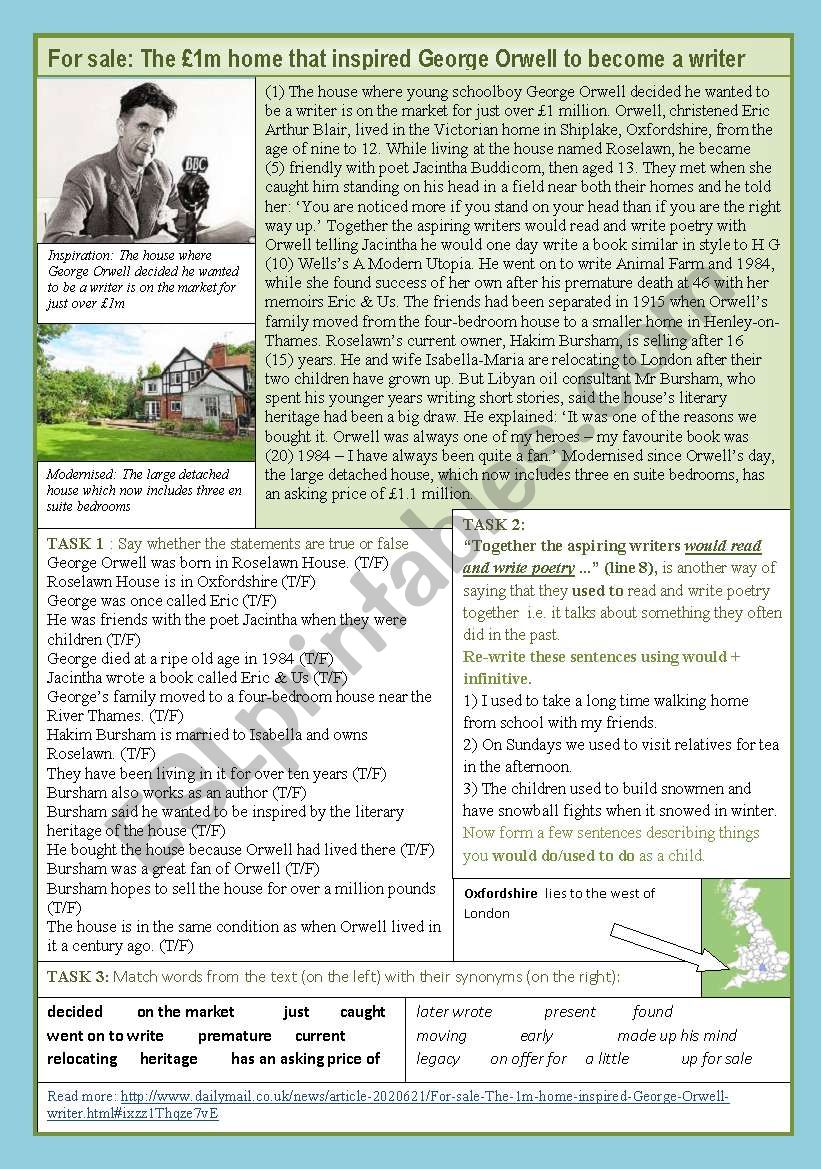 George Orwell´s house is up for sale - ESL worksheet by Amanda W