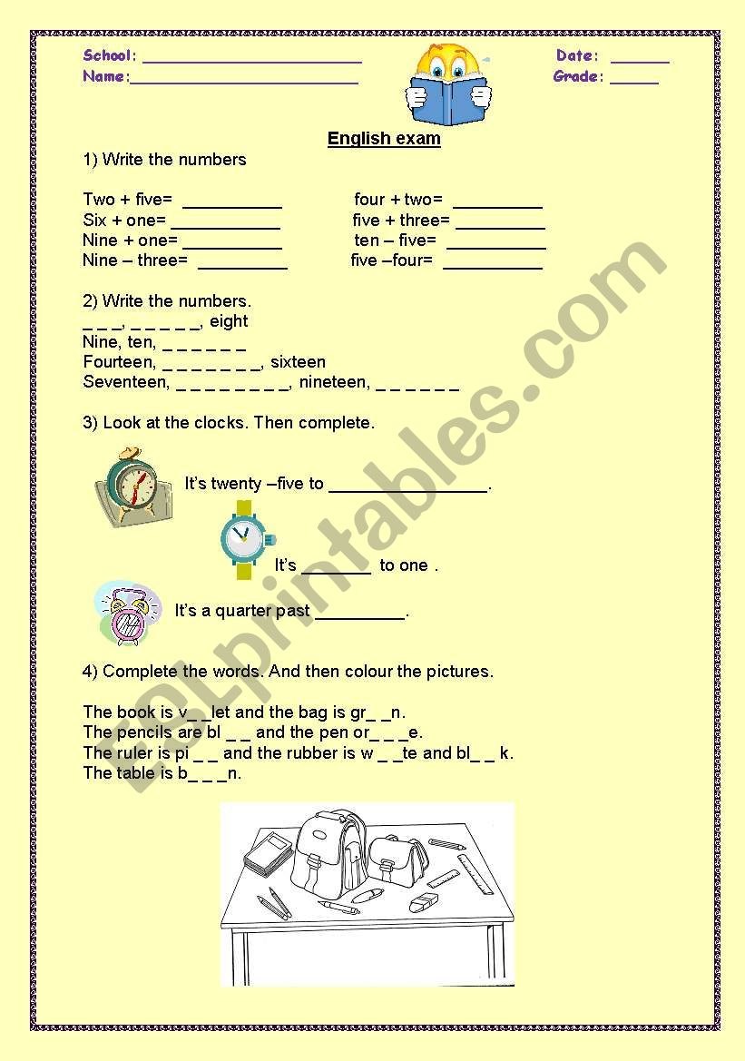 Kids´ Exam - ESL worksheet by klaudia79