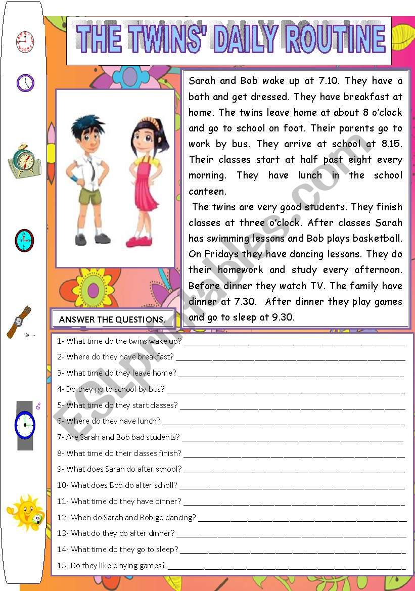TWINS´ DAILY ROUTINE (READING AND COMPREHENSION) - ESL worksheet by ...