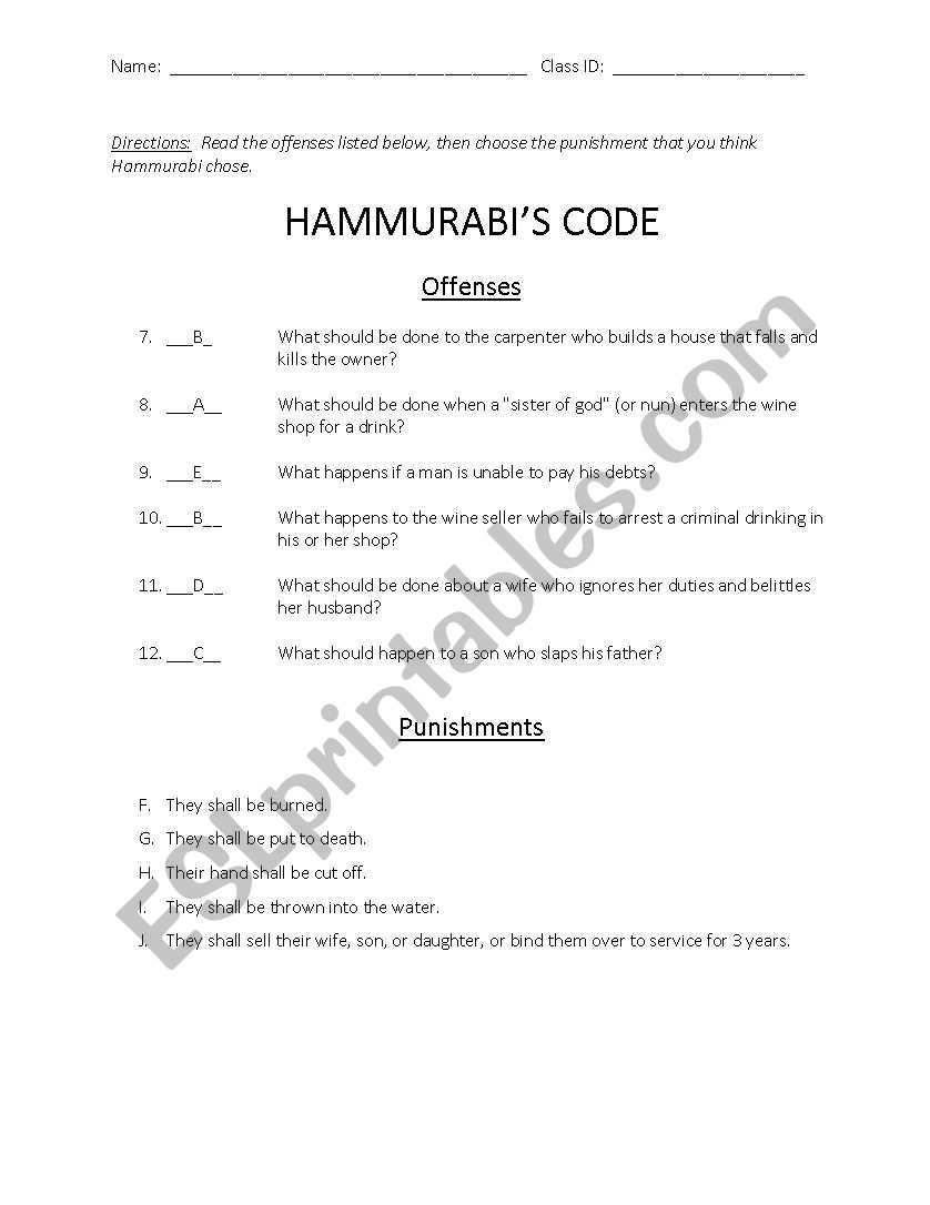 Hammurabis Code Worksheets Code Of Hammurabi Activity | TPT