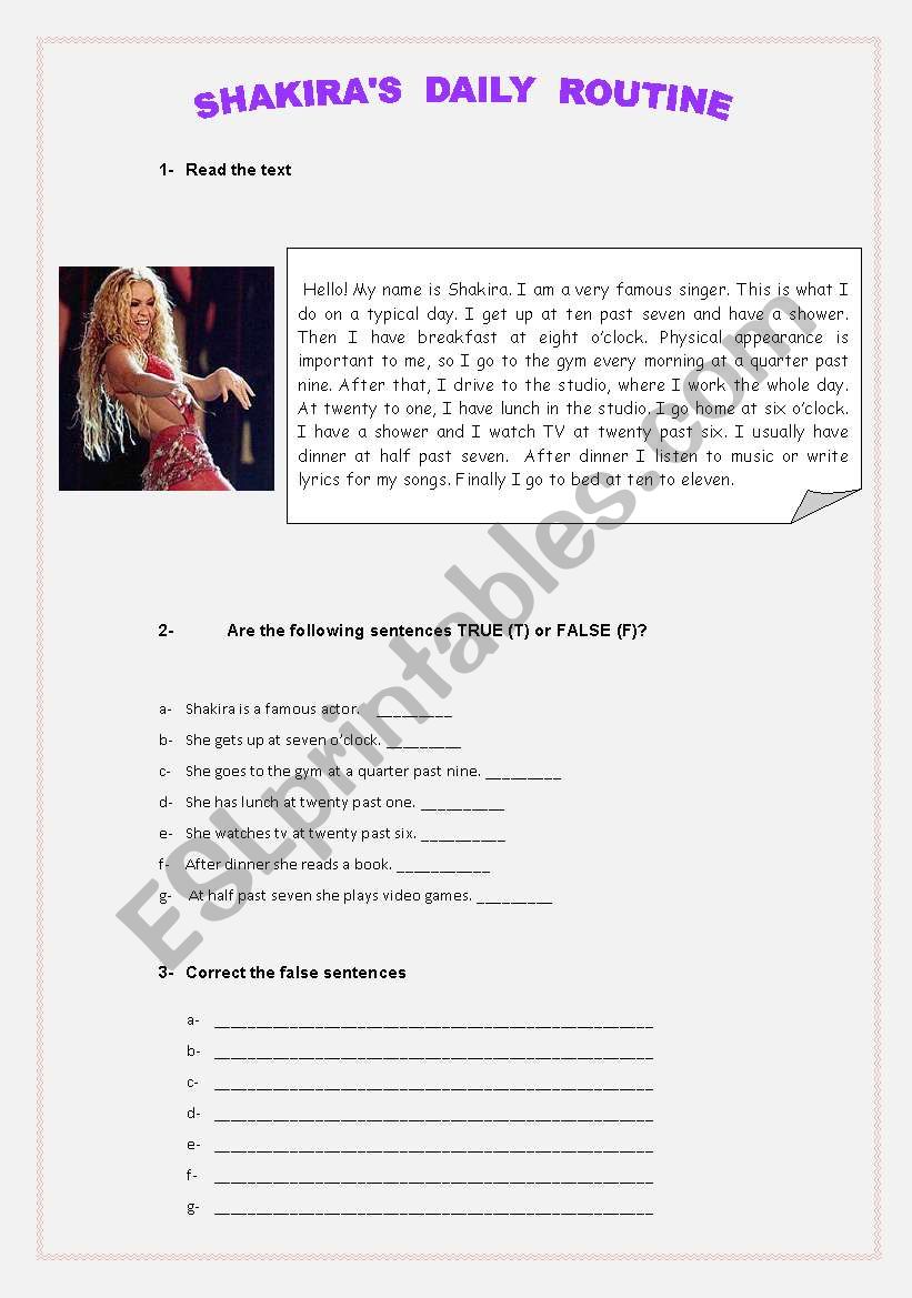 Shakira´s daily routine - ESL worksheet by Liz_Beth