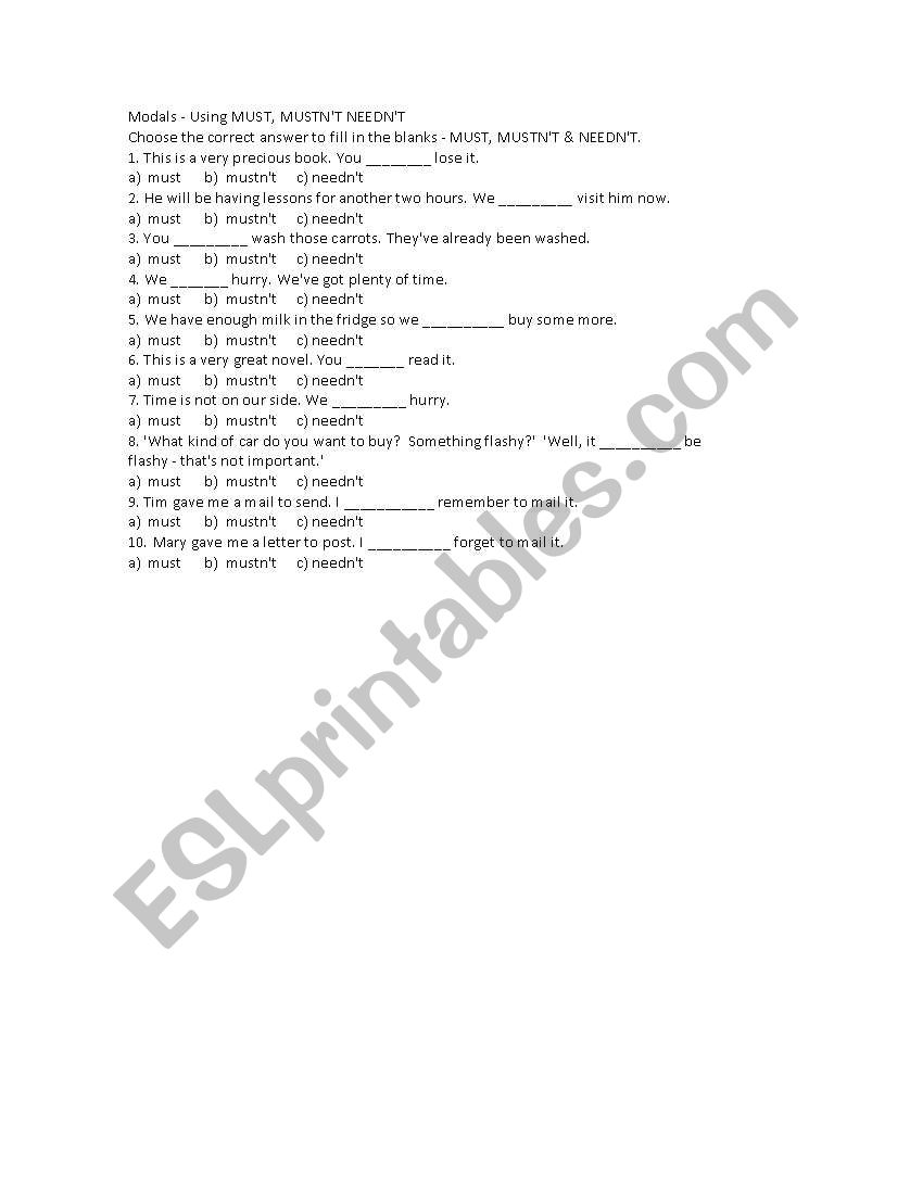 English worksheets: Must and Mustn´t